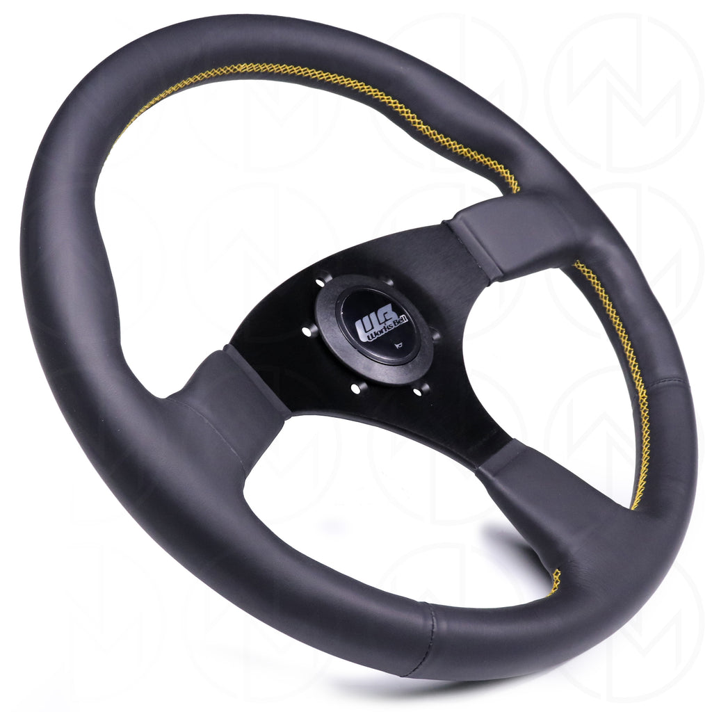 Works Bell Type III Steering Wheel - 350mm Leather w/Yellow Stitch ...